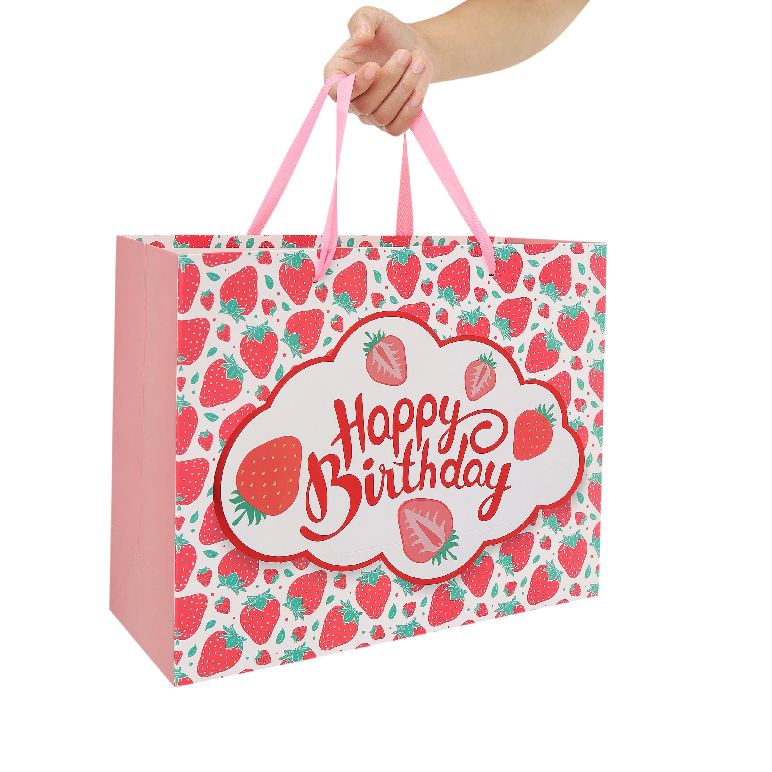 13” Large Strawberry Happy Birthday Gift Bag Set with Handles, Greeting Card, Tissue Papers and Stickers for Girls Kids Teens Women, Fruit Themed Birthday Design, 1 Pcs