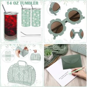 Ninehaoou 10 Pcs Flower Girl Jelly Basket Set Flower Girl Tumbler Sunglasses Makeup Bag Hair Scrunchies Clip Proposal Card with Pen Envelope Plastic Handbag for Wedding Bridal Shower (Green)