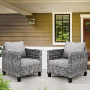 ovios 2 pieces patio chairs, outdoor wicker chairs of 2, rattan chairs with comfy cushions, all weather high back porch chairs for outside balcony deck garden, dark grey