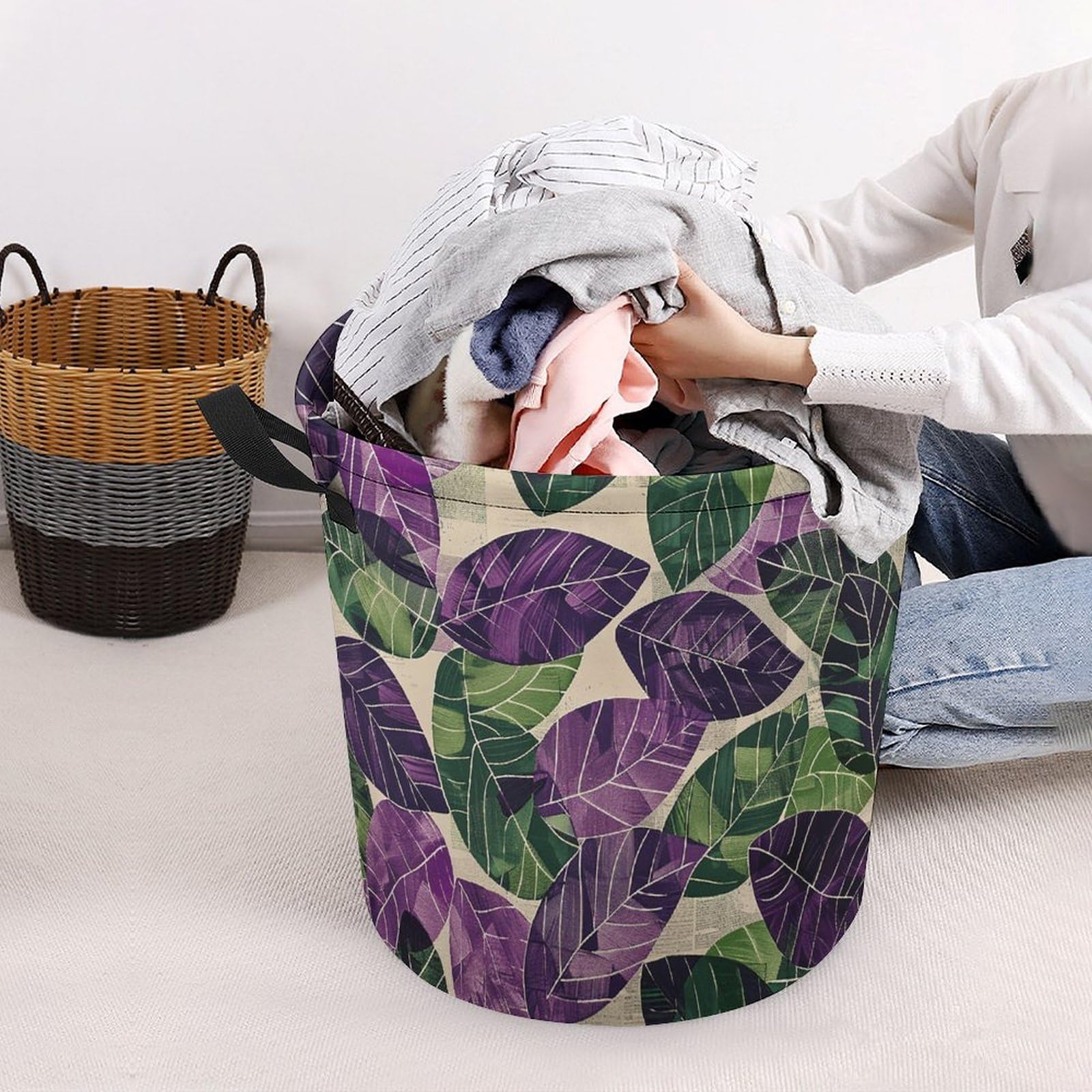 Laundry Basket Hamper Green And Purple Leaves Waterproof Dirty Clothes Hamper Collapsible Washing Bin Clothes Bag with Handles Freestanding Laundry Hamper for Bathroom Bedroom Dorm Travel