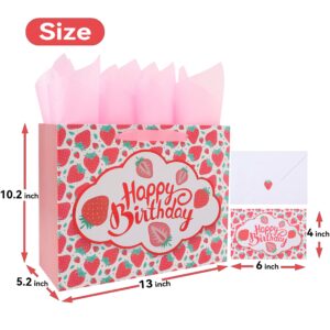 13” Large Strawberry Happy Birthday Gift Bag Set with Handles, Greeting Card, Tissue Papers and Stickers for Girls Kids Teens Women, Fruit Themed Birthday Design, 1 Pcs