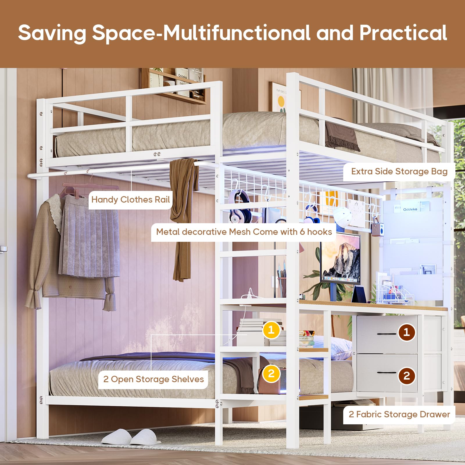 DICTAC Full Over Twin Size Bunk Bed with Desk and Led Lights Metal Loft Bed Frame with Charging Station,Storage Shelves and Drawers for Teen & Adults,Safety Guard & Ladder,No Box Spring Needed,White