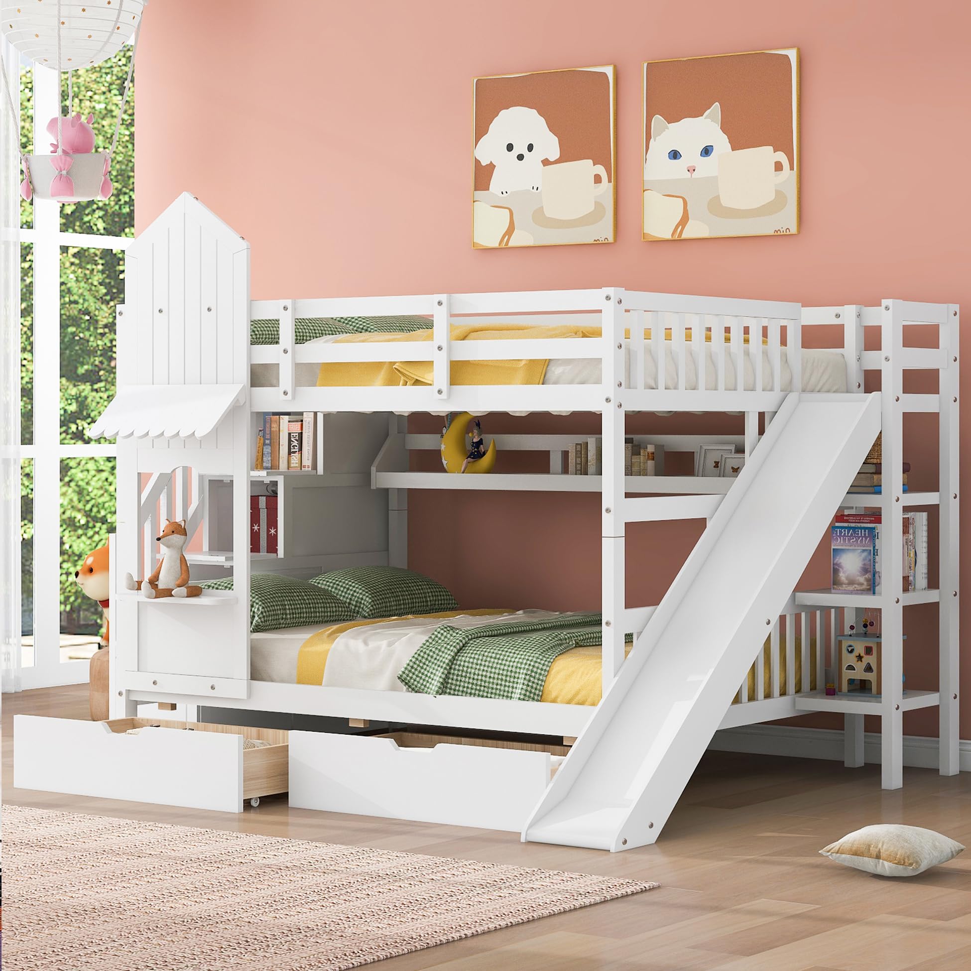 Harper & Bright Designs Full Over Full Bunk Bed with Stairs and Slide, Solid Wood Bunk Bed Frame with Storage Drawers and Bookshelf, for Kids Teens Adults- White