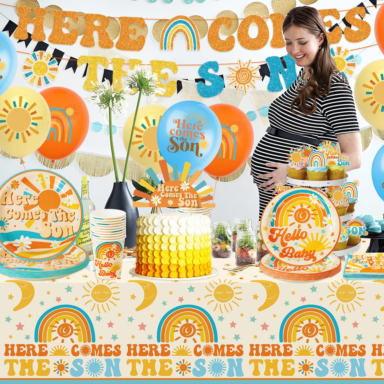 Here Comes The Son Baby Shower Decor Here Comes The Son Baby Showe Plates Napkins Cups Tablecloth Banner Balloons and Cake Topper Sun Retro Boho Sunshine Birthday Party Supplies, Serves 20