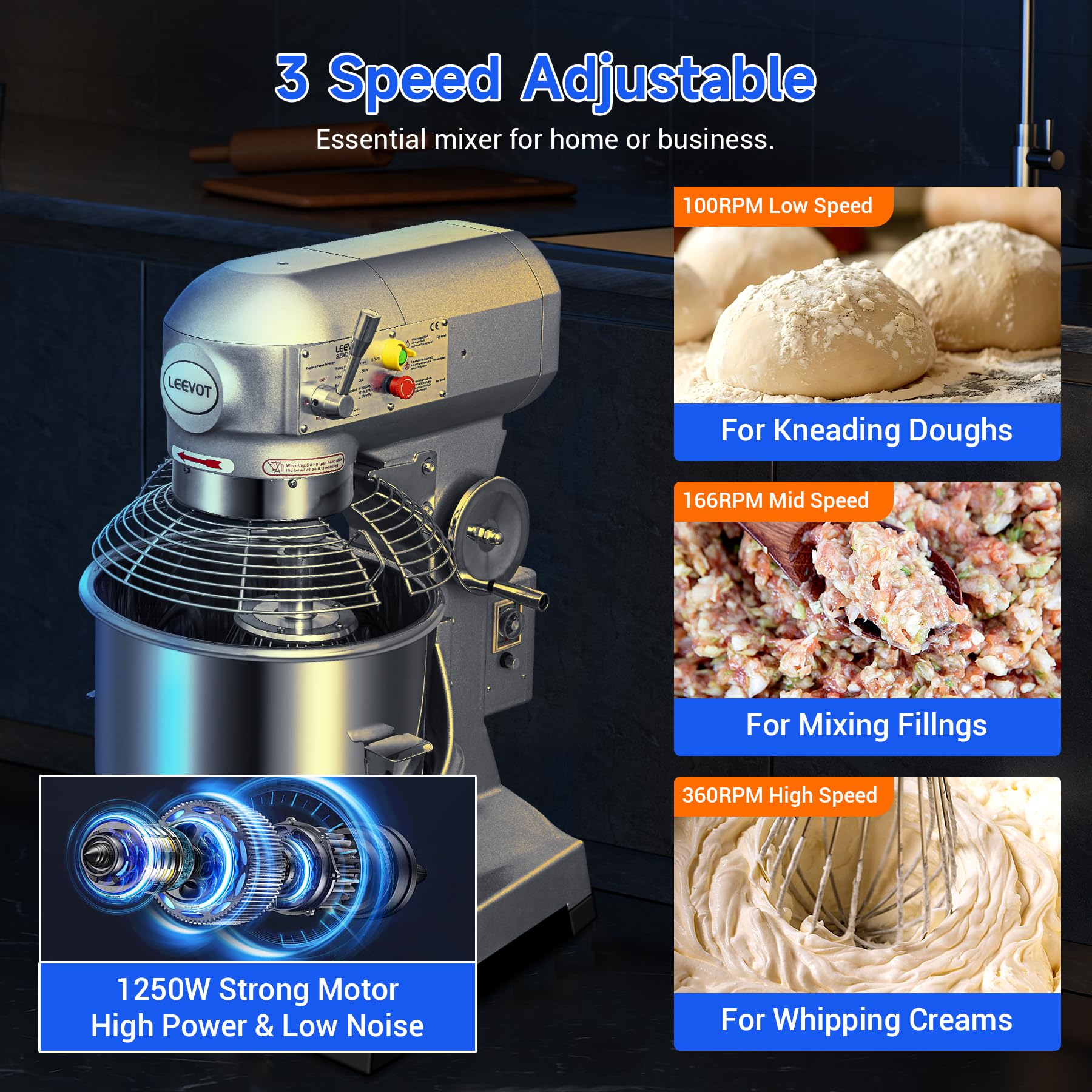 EKway 30Qt Commercial Food Mixer with Timing Function,1250W Commercial mixer 3-Speed Adjustable Heavy Duty, Electric Stand Food Mixer with Stainless Steel Bowl for Bakery Pizzeria. (Standard)