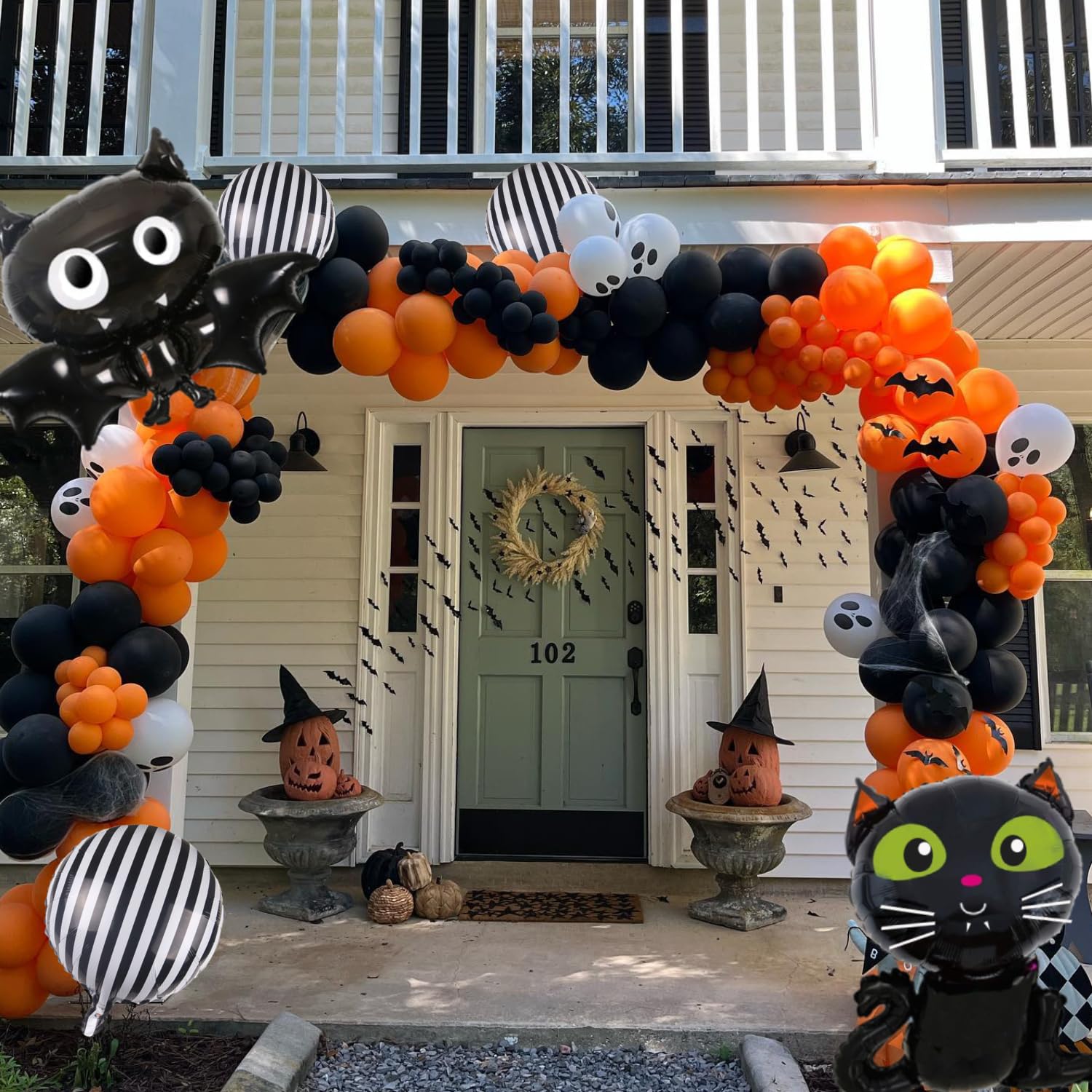 Halloween Balloon Garland Arch Kit, Halloween Party Decorations with Bats & Black Cat Foil Balloons Black Orange White Balloons, Happy Halloween Banner, Halloween Party Decor Supplies