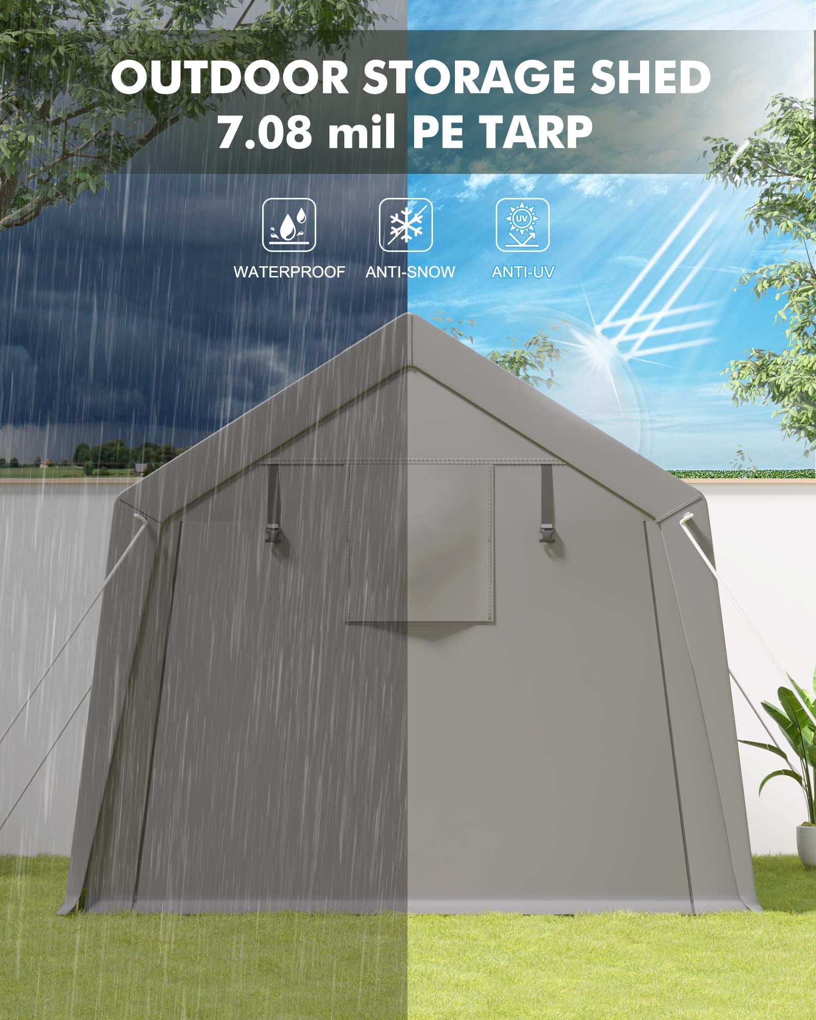 GarveeLife 6' x 8' Outdoor Portable Shed, Shelter Logic with Roll-up Zipper Door, Heavy Duty Waterproof Tarp, Storage Tent for Motorcycle, Bike, Firewood, Garden Tools