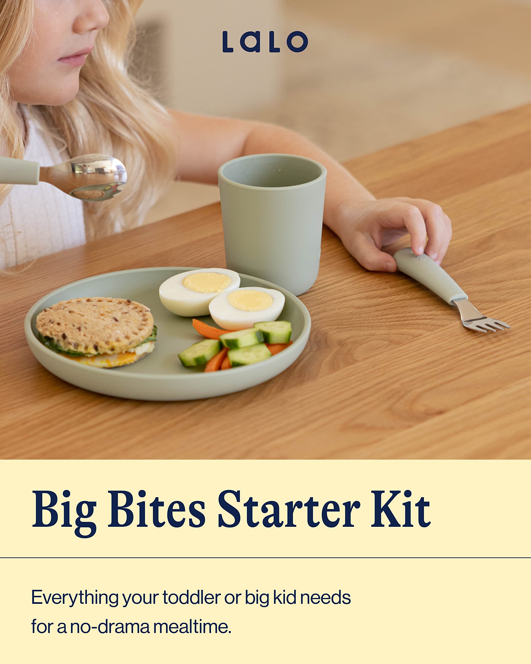 Lalo Big Bites Kids Dinnerware Starter Set - Dishwasher Safe, BPA Free, Kids Tableware Set - Includes Stackable Bowl, Plate, Utensils & Cup - 5 Pieces - Olive