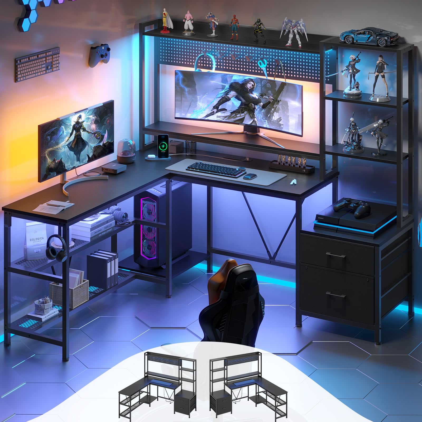 L Shaped Gaming Desk with Shelves, Reversible Computer Desk with Power Outlets LED Light, Home Office Desk with Monitor Stand Storage Racks 2 Drawers 5 Shelves Pegboard 8 Hooks Mouse Pad(Black)