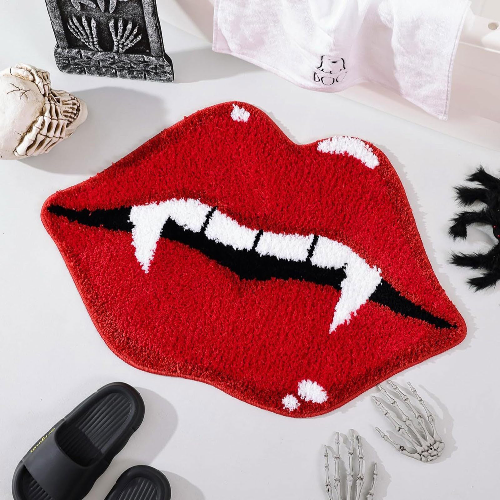 KELINFONG Halloween Doormat, 24 * 16 Inch Non-Slip Washable Spooky Absorbent Halloween Evil Red Lip Kitchen Rug Halloween Bathroom Decor Rug for Kitchen Bedroom Living Room Outdoor Office Indoor