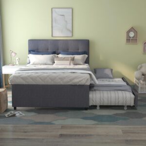 civama Full Bed with Trundle, Upholstered Full Over Twin Bed with Headboard & Wooden Slat Support, Pull Out Twin Platform Bed Underneath, No Box Spring Needed, Grey