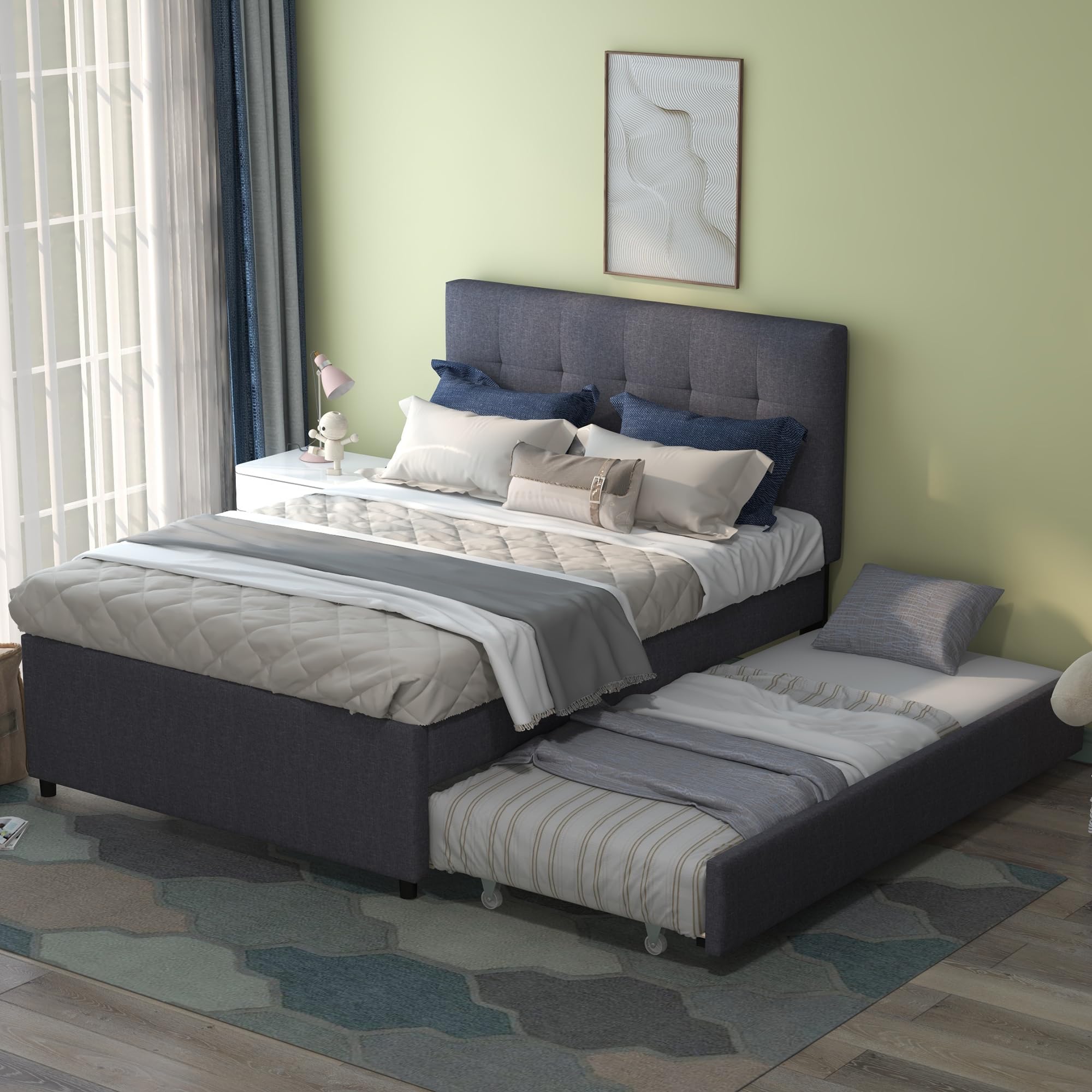 civama Full Bed with Trundle, Upholstered Full Over Twin Bed with Headboard & Wooden Slat Support, Pull Out Twin Platform Bed Underneath, No Box Spring Needed, Grey