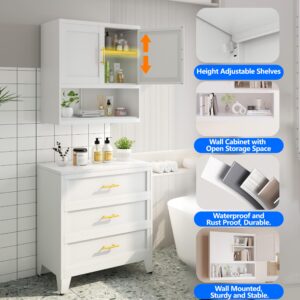 KAIFAM Wall Mounted Bathroom Storage Cabinet with Doors and Shelves, Wall Hanging Metal Cabinet with Open Storage for Kitchen, Bathroom, Over The Toilet, (White)