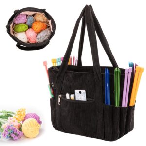 kgmcare crochet bag, tote storage for crocheting knitting, corduroy yarn storage bag for crochet hooks, crochet supplies and accessories, crochet projects (black)