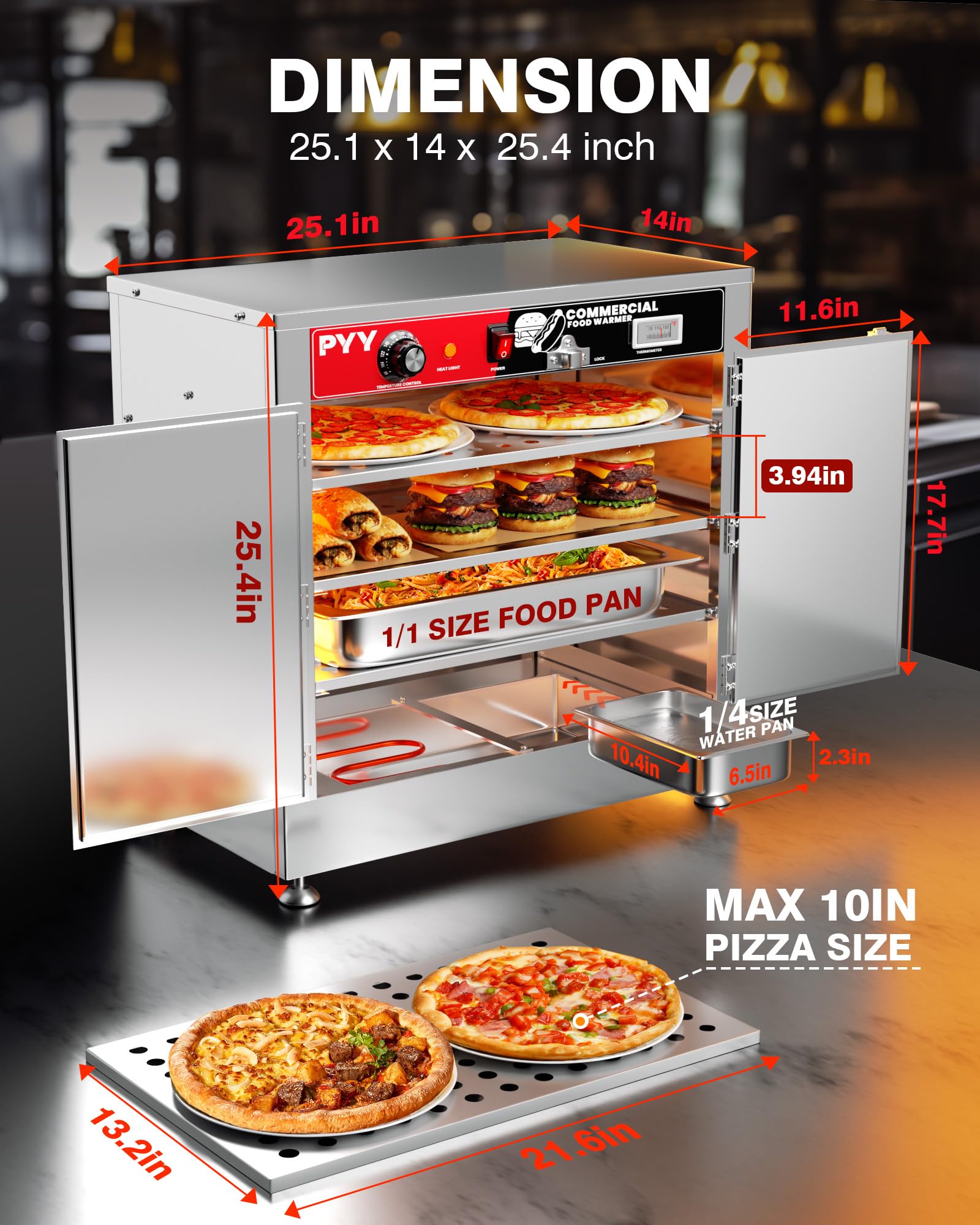 PYY Hot Box Food Warmer - 4 Tier Commercial Catering Warming Cabinet for Pizza Pretzel, Electric Countertop Heating Machine for Restaurant, Stainless Steel Dual Door with Water Tray and Thermometer