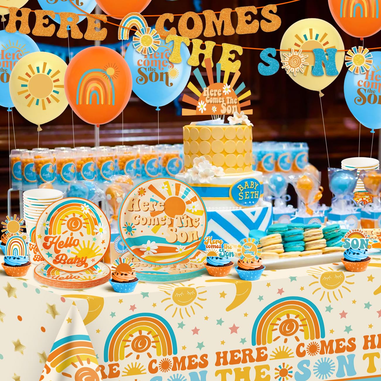 Here Comes The Son Baby Shower Decor Here Comes The Son Baby Showe Plates Napkins Cups Tablecloth Banner Balloons and Cake Topper Sun Retro Boho Sunshine Birthday Party Supplies, Serves 20