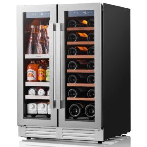 ca'lefort wine and beverage refrigerator - 24 inch dual zone 60 cans 20 bottles drink fridge with glass door, 3 color led lights wine cooler for beer soda for home office bar bedroom