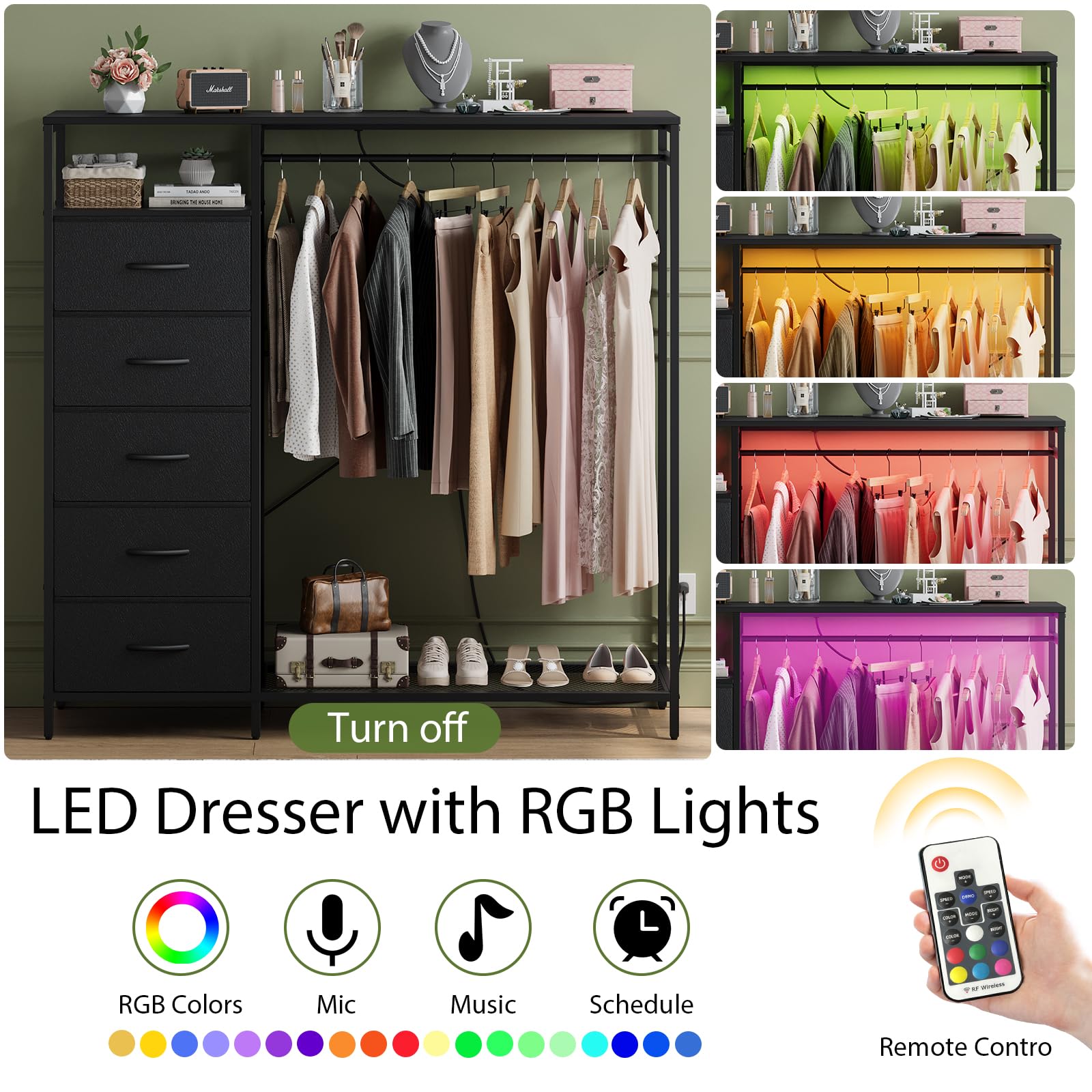 Black Dresser with Hanging Rack, Dresser for Bedroom with 5 Drawers, Clothes Dresser with Led Lights, Closet Dresser with Charging Station, 47 Inch Dresser with Shelves for Bedroom, Closet