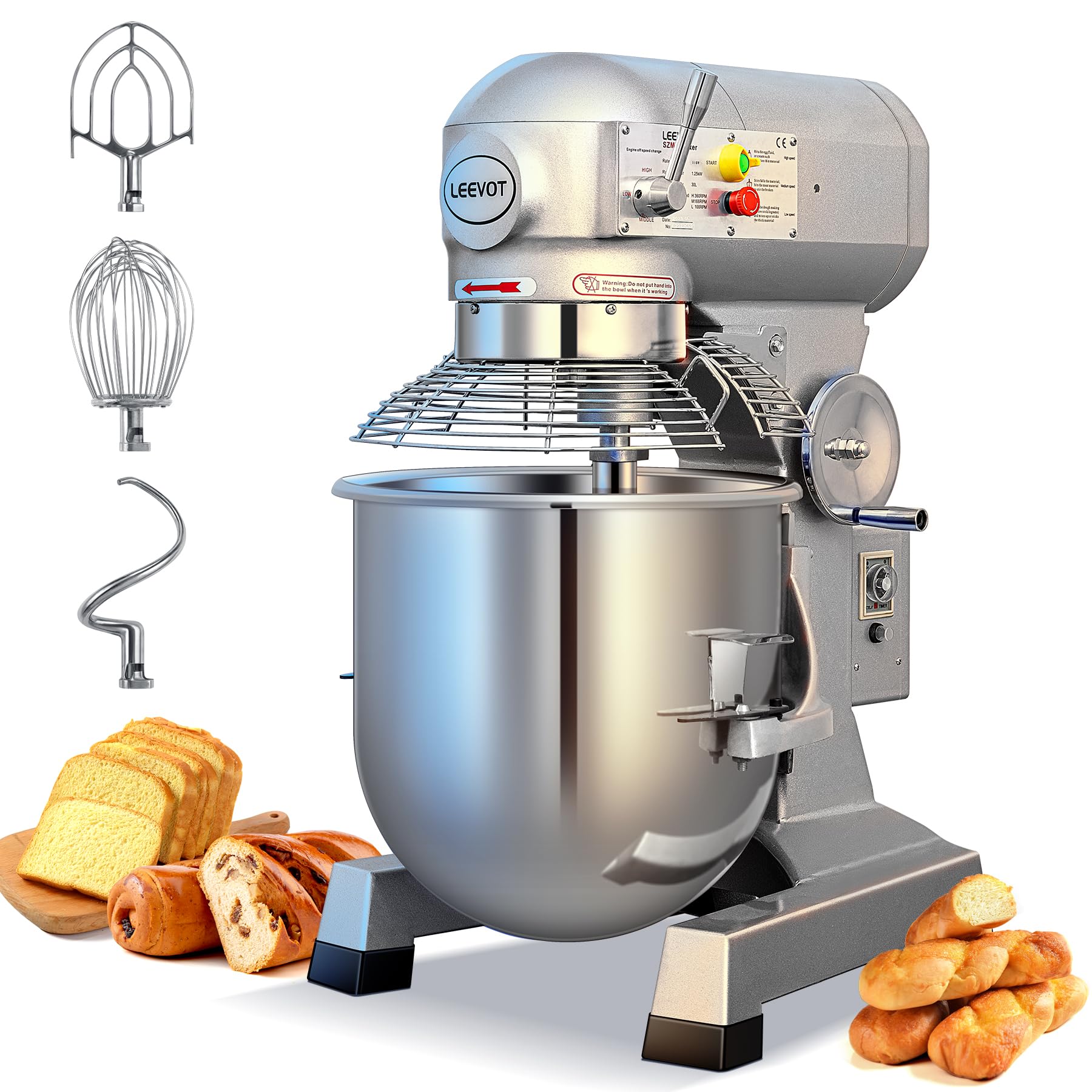 EKway 30Qt Commercial Food Mixer with Timing Function,1250W Commercial mixer 3-Speed Adjustable Heavy Duty, Electric Stand Food Mixer with Stainless Steel Bowl for Bakery Pizzeria. (Standard)