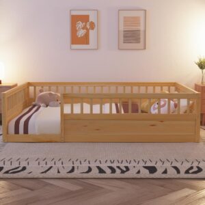 KEIKI Full Floor Bed Frame with Fence, Wood Kids Floor Beds Frame for Bedroom Playroom,Natural