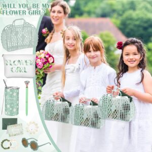 Ninehaoou 10 Pcs Flower Girl Jelly Basket Set Flower Girl Tumbler Sunglasses Makeup Bag Hair Scrunchies Clip Proposal Card with Pen Envelope Plastic Handbag for Wedding Bridal Shower (Green)