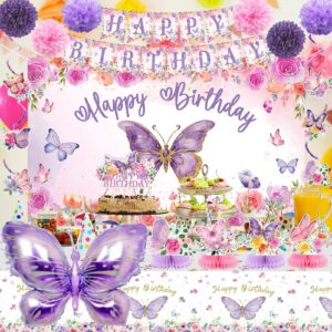 Roetyce Butterfly Birthday Decorations, 37PCS Butterfly Happy Birthday Banner Balloons Honeycomb Centerpieces Cake Topper Kit, Purple and Pink Birthday Party Decorations for Girls Women