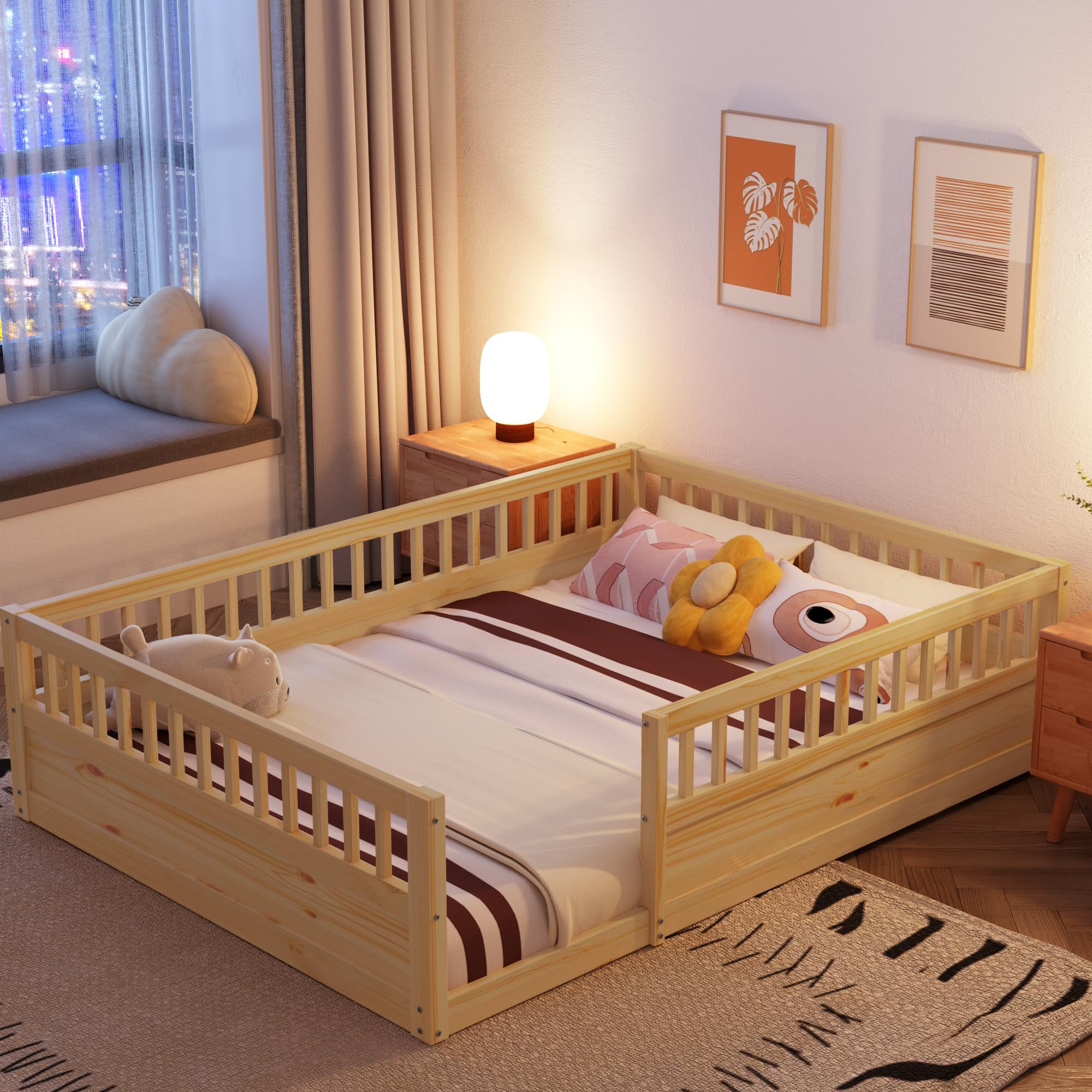 KEIKI Full Floor Bed Frame with Fence, Wood Kids Floor Beds Frame for Bedroom Playroom,Natural