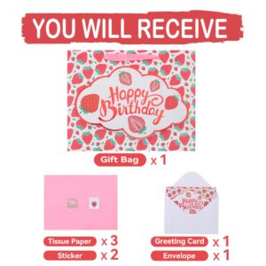 13” Large Strawberry Happy Birthday Gift Bag Set with Handles, Greeting Card, Tissue Papers and Stickers for Girls Kids Teens Women, Fruit Themed Birthday Design, 1 Pcs