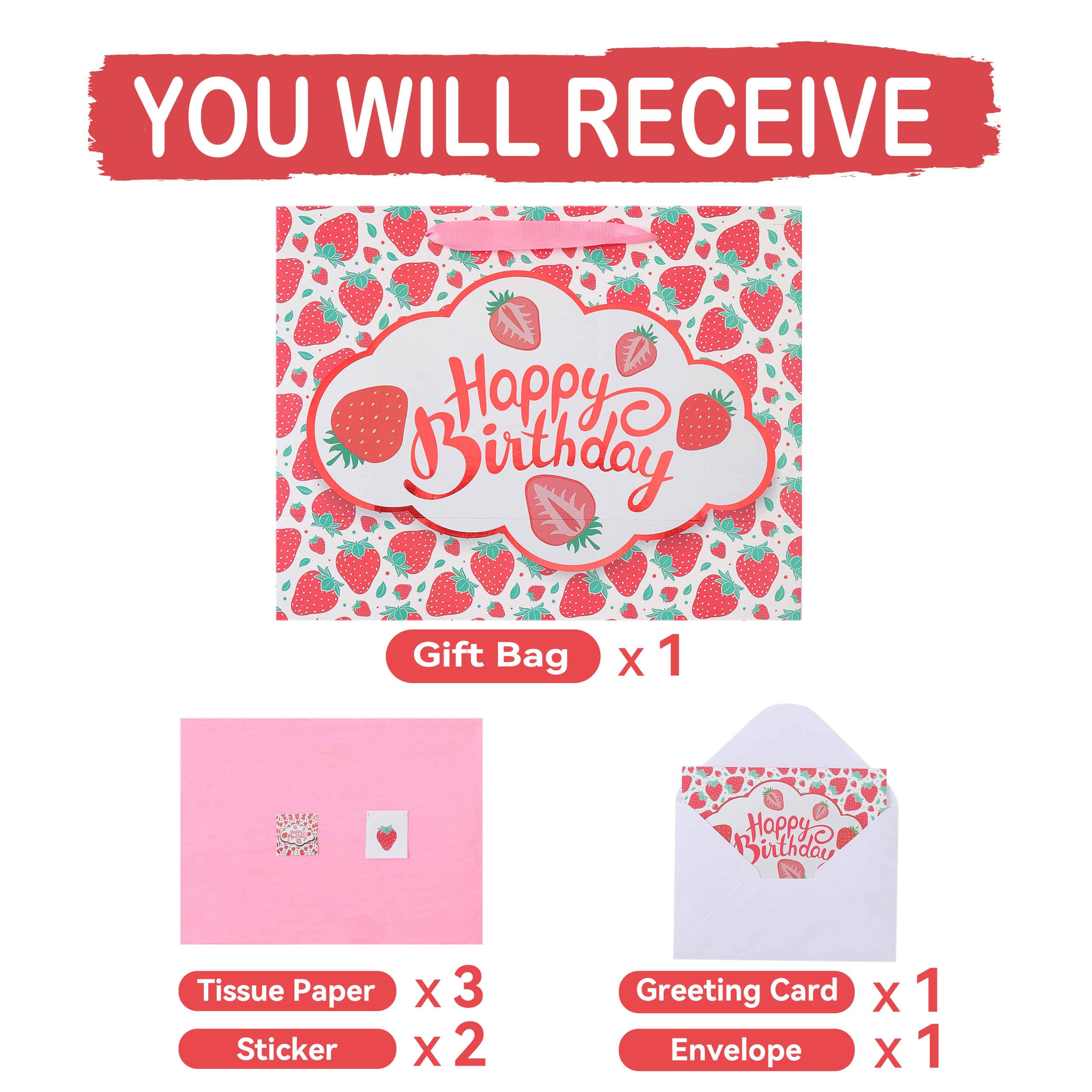 13” Large Strawberry Happy Birthday Gift Bag Set with Handles, Greeting Card, Tissue Papers and Stickers for Girls Kids Teens Women, Fruit Themed Birthday Design, 1 Pcs