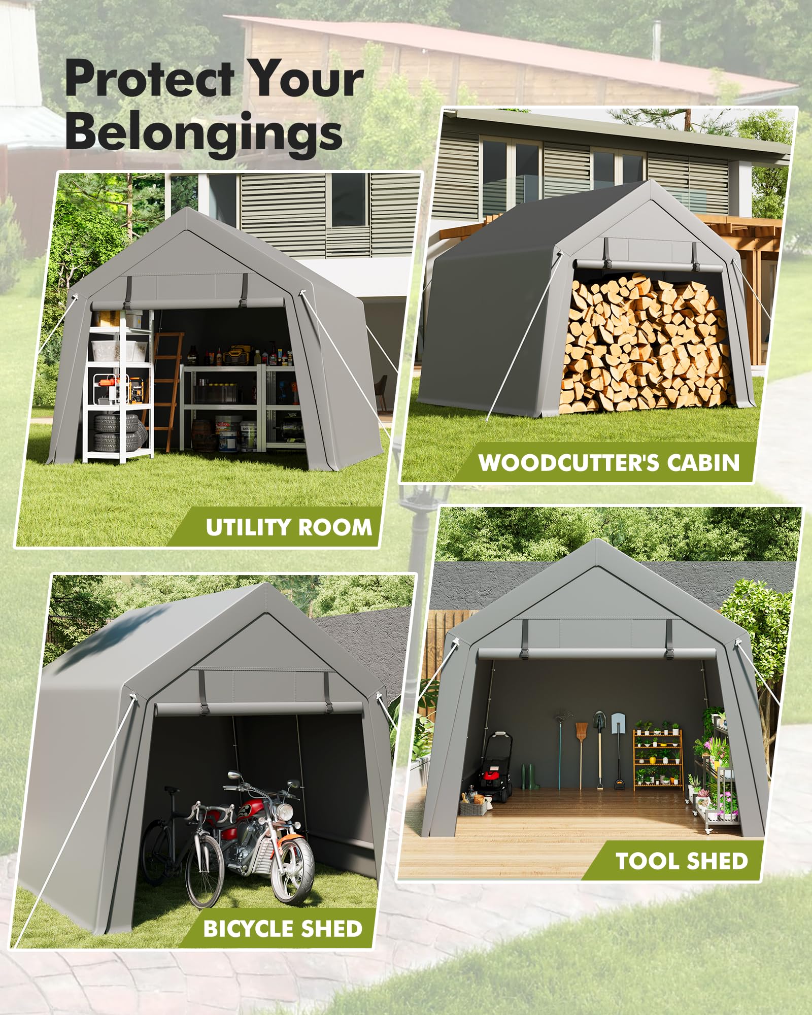 GarveeLife 6' x 8' Outdoor Portable Shed, Shelter Logic with Roll-up Zipper Door, Heavy Duty Waterproof Tarp, Storage Tent for Motorcycle, Bike, Firewood, Garden Tools