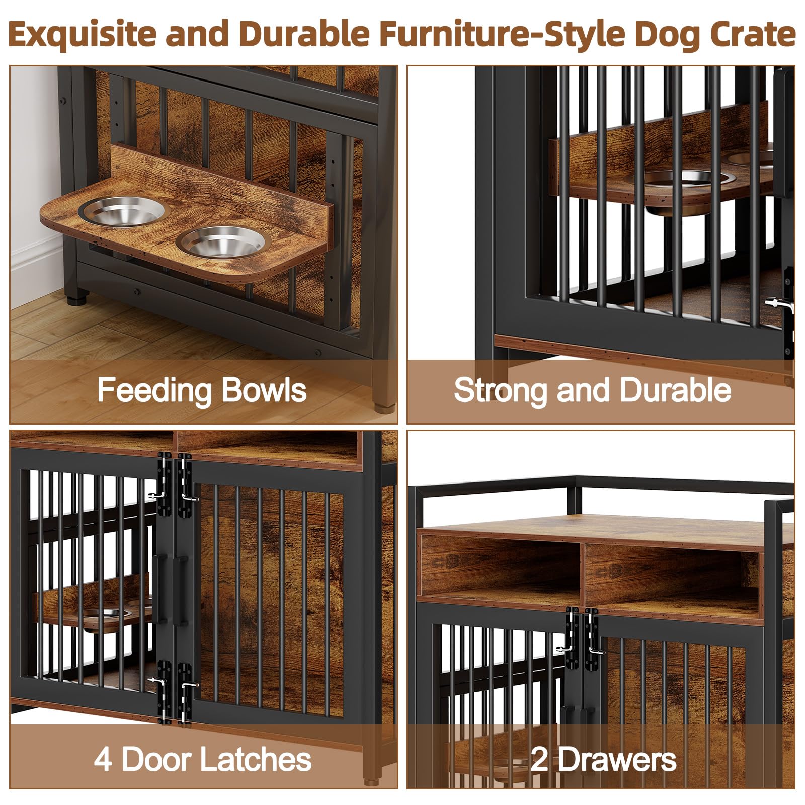 Hipicute Dog Crate Furniture,41inch Heavy Duty Dog Kennel with 2 Drawers End Table, Wooden Dog Cage Indoor Dog House Pet Crate Table with 360°and Adjustable Raised Feeder 41inch