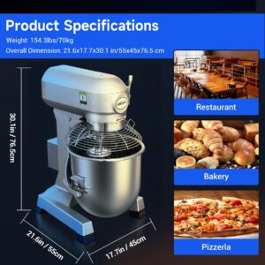 EKway 30Qt Commercial Food Mixer with Timing Function,1250W Commercial mixer 3-Speed Adjustable Heavy Duty, Electric Stand Food Mixer with Stainless Steel Bowl for Bakery Pizzeria. (Standard)