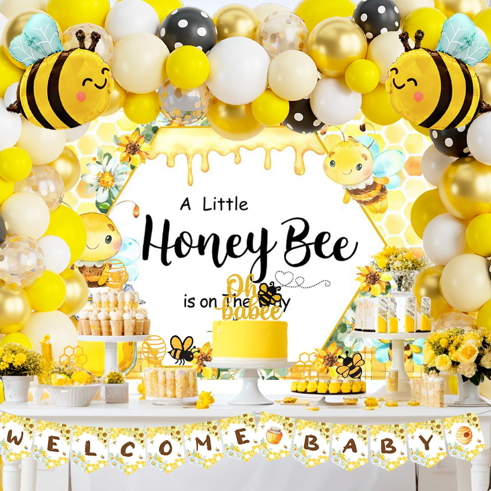 Party Inspo Bee Baby Shower Decorations, Bumble Bee Baby Shower Decor, A Little Honey is On The Way Backdrop Balloon Banner Tablecloth Cake Cupcake Topper Box Sash Cutouts