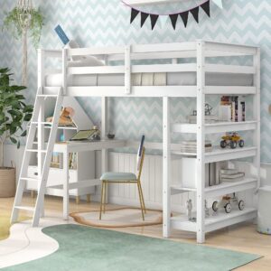 favfurish wooden twin loft bed,with built in study desk and 4-tier storage shelves & tilt ladder,no spring mattress required,space-saving design,for boys girls bedroom,white