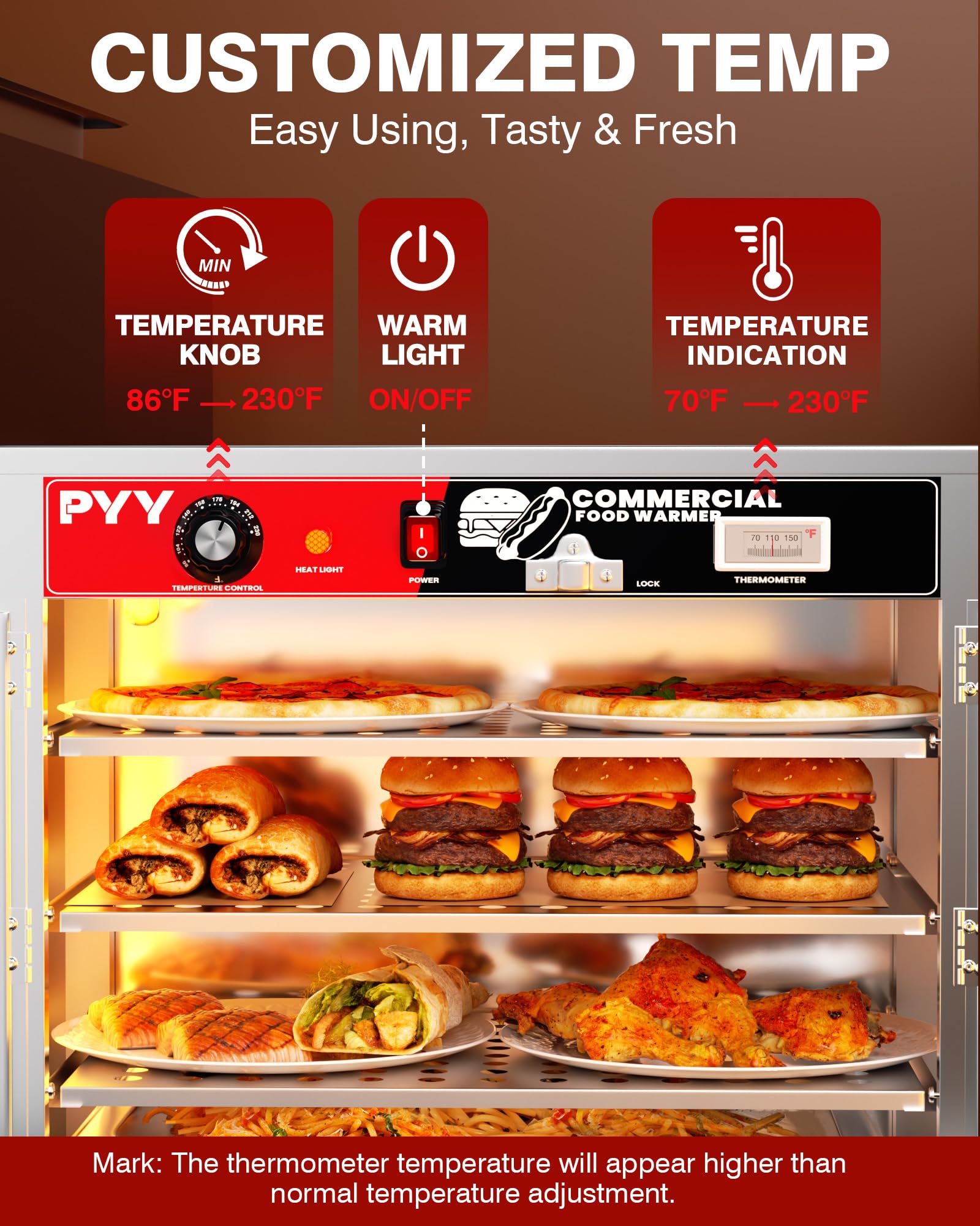 PYY Hot Box Food Warmer - 4 Tier Commercial Catering Warming Cabinet for Pizza Pretzel, Electric Countertop Heating Machine for Restaurant, Stainless Steel Dual Door with Water Tray and Thermometer