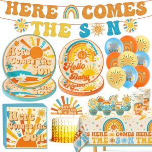 here comes the son baby shower decor here comes the son baby showe plates napkins cups tablecloth banner balloons and cake topper sun retro boho sunshine birthday party supplies, serves 20