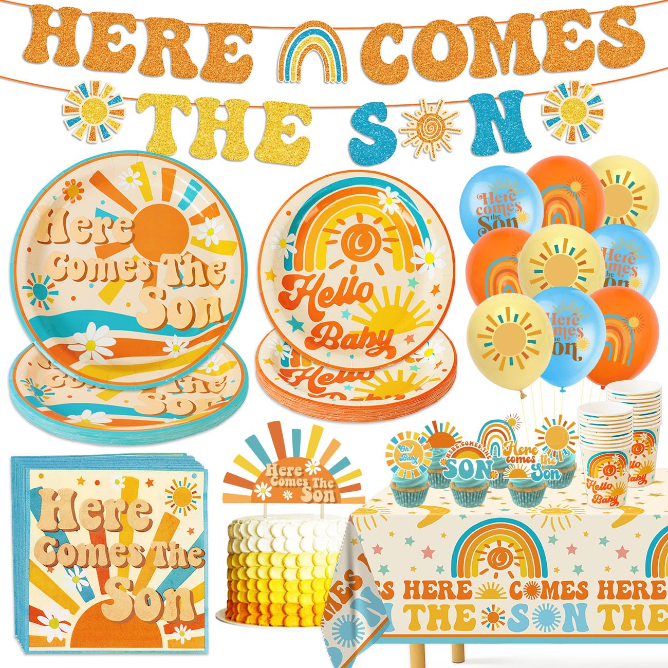 Here Comes The Son Baby Shower Decor Here Comes The Son Baby Showe Plates Napkins Cups Tablecloth Banner Balloons and Cake Topper Sun Retro Boho Sunshine Birthday Party Supplies, Serves 20