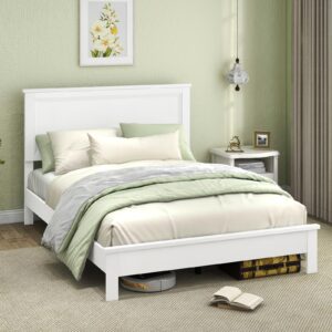 Giantex Wood Full Platform Bed Frame with Headboard, Mid Century Bed Frame with Solid Wood Legs & Wooden Slat Support, No Box Spring Needed, White Bed