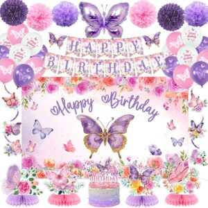 roetyce butterfly birthday decorations, 37pcs butterfly happy birthday banner balloons honeycomb centerpieces cake topper kit, purple and pink birthday party decorations for girls women