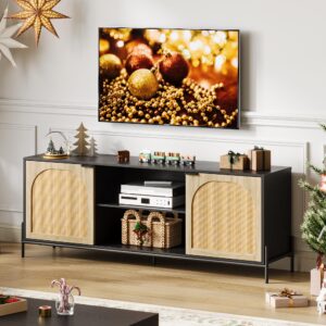 TV Stand for 75 inch TV, Entertainment Center with Storage, 65 inch TV Console Table with 2 Doors, Wooden Media Console Cabinet with Metal Legs, Rattan TV Stand for Living Room, Bedroom - Black