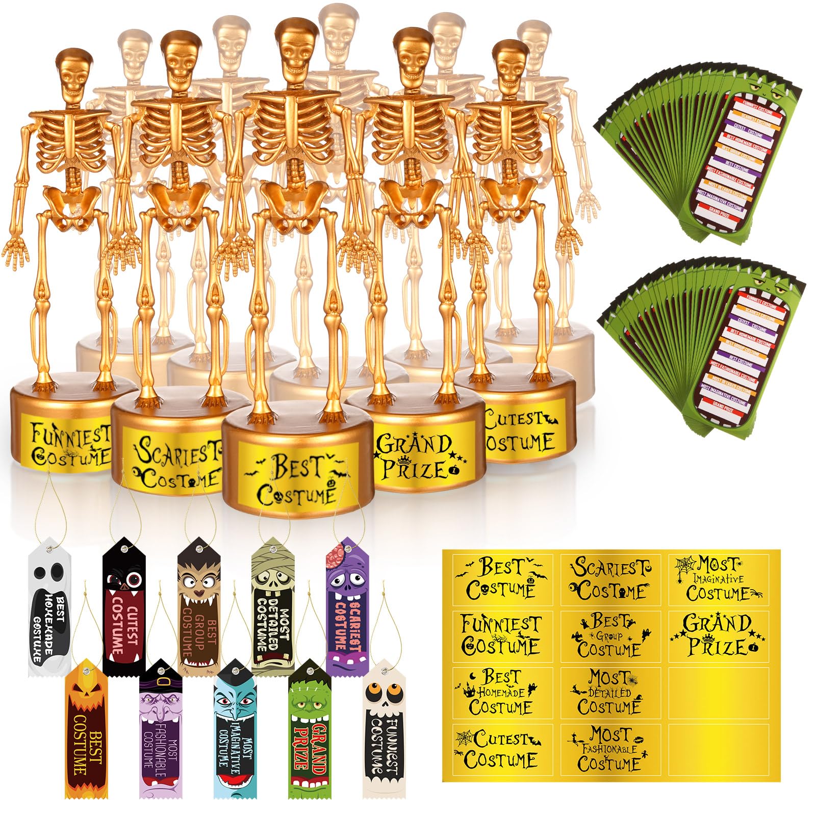 Seenelling 72 Pack Halloween Party Costume Contest Ballot Set of Boxes, 40 Voting Ballots, 10 Skeleton Trophy, 10 Award Ribbons and 12 Gold Stickers for Home Indoor Office Vote Party Game