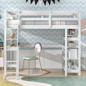 Favfurish Wooden Twin Loft Bed,with Built in Study Desk and 4-Tier Storage Shelves & Tilt Ladder,No Spring Mattress Required,Space-Saving Design,for Boys Girls Bedroom,White