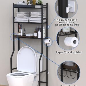 Livilord Over Toilet Storage Shelf, 3-Tier Freestanding Over The Toilet Storage, Metal Bathroom Shelves with Paper Holder and 4 Hooks, Above Toilet Shelf for Bathroom Storage, Black