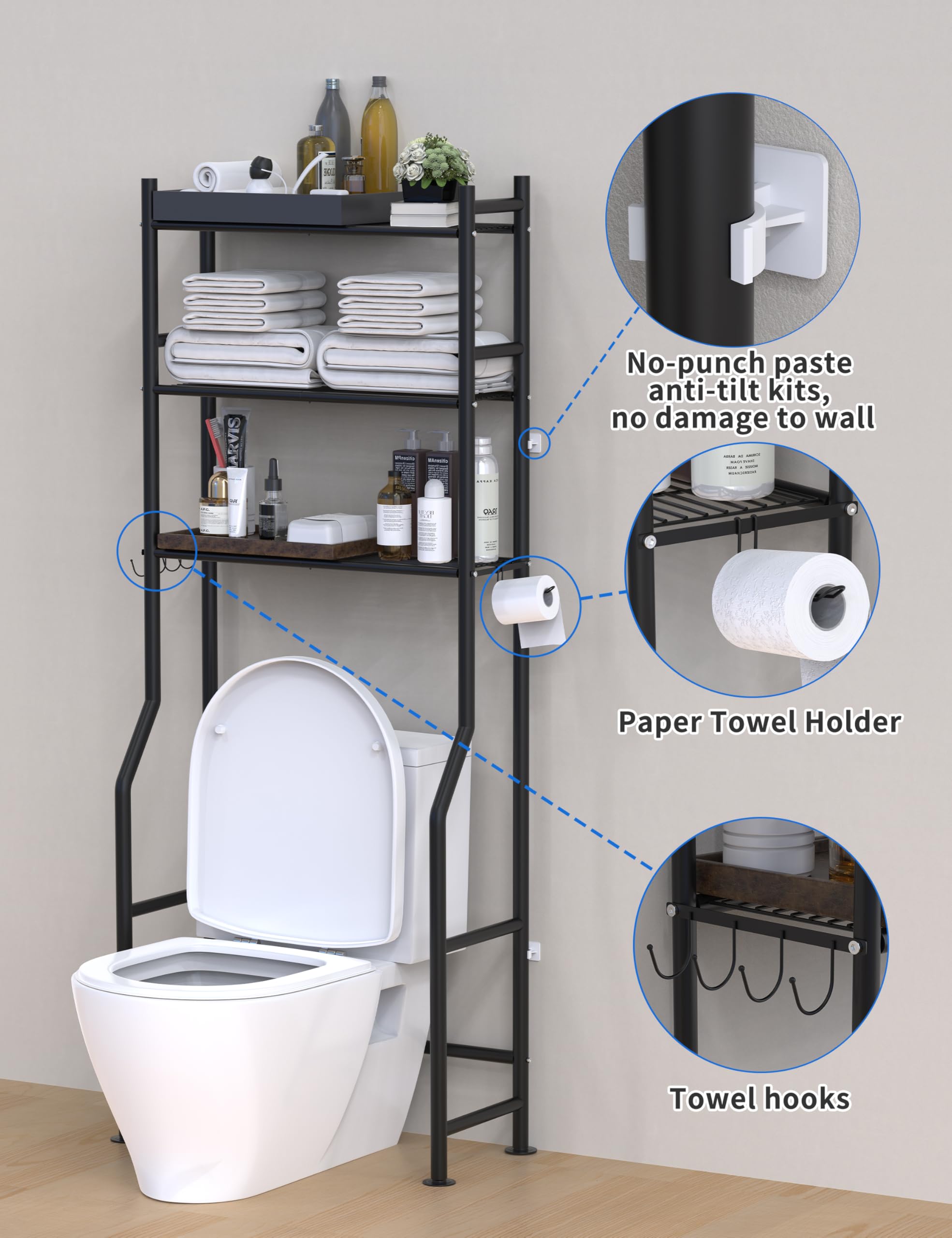 Livilord Over Toilet Storage Shelf, 3-Tier Freestanding Over The Toilet Storage, Metal Bathroom Shelves with Paper Holder and 4 Hooks, Above Toilet Shelf for Bathroom Storage, Black