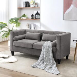 weture 68.1 inch loveseat sofa with 4 pillows, linen comfy mid century modern couch for small spaces bedroom, love seat for living room with solid wooden frame and padded cushion, gray