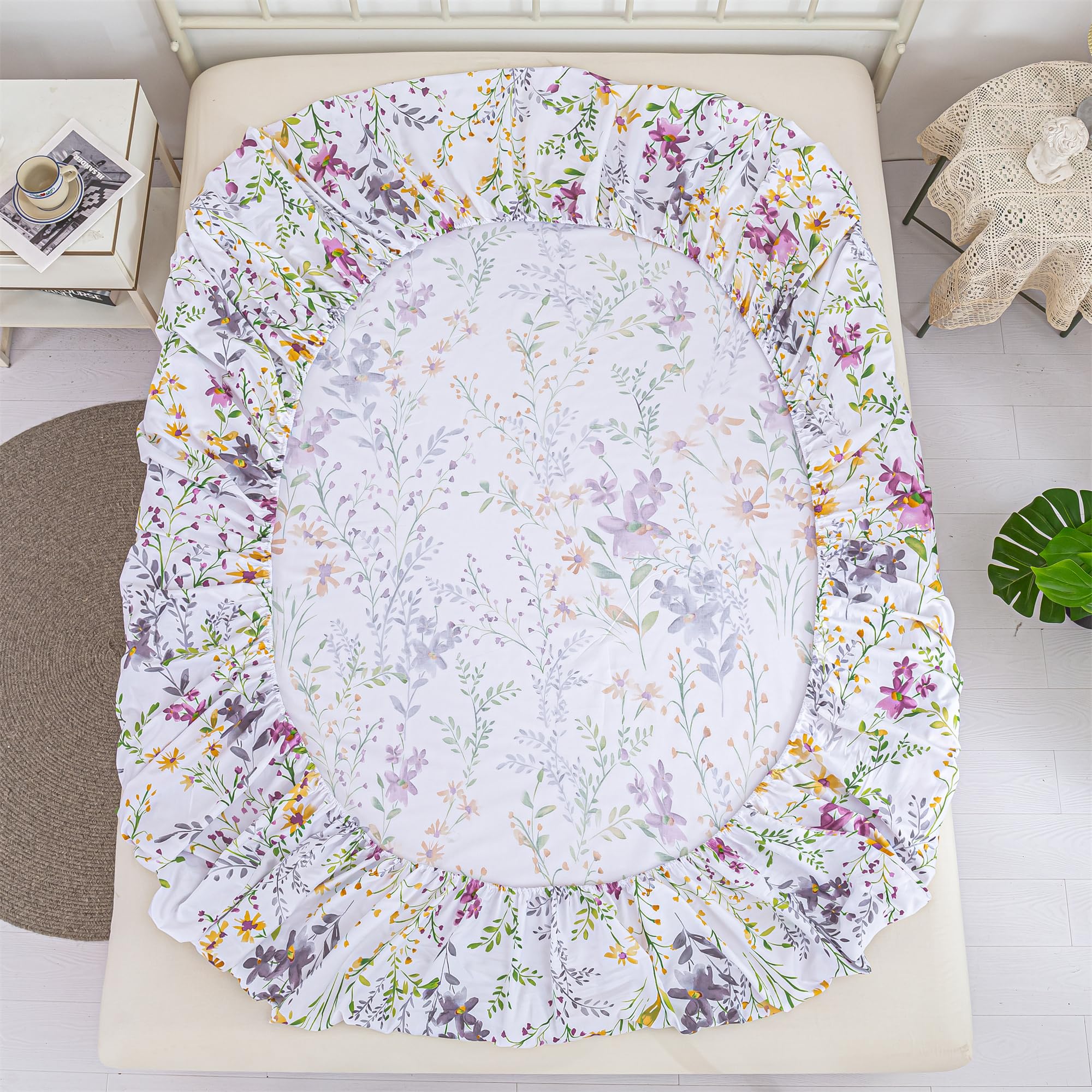 RYNGHIPY Cotton Floral Bed Sheet Set Full Size Botanical Flowers Print Girls Bedding Shabby Garden Floral Bed Sheets