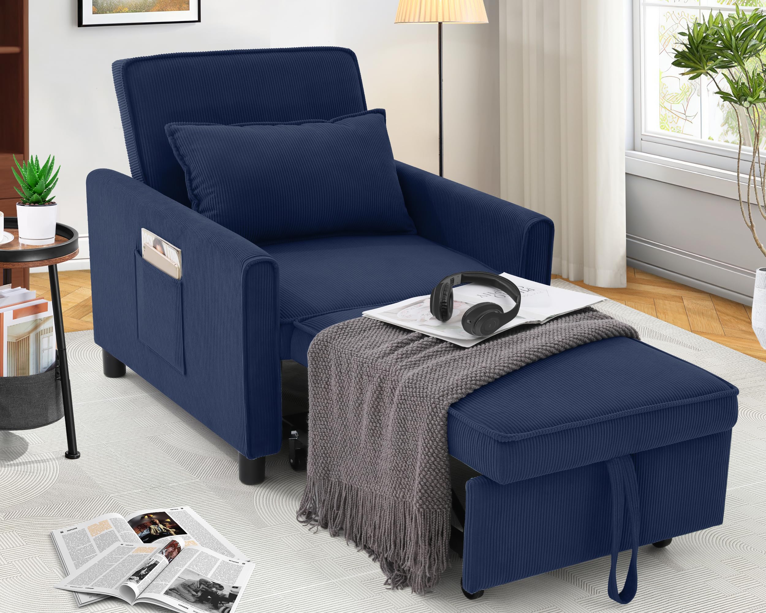 SEJOV Sleeper Chair, 4-in-1 Convertible Sleeper Sofa Bed with Adjustable Backrest, Corduroy Pull Out Chair Bed Single Recliner for Living Room, Bedroom, Apartment, Office, Small Space, Navy Blue