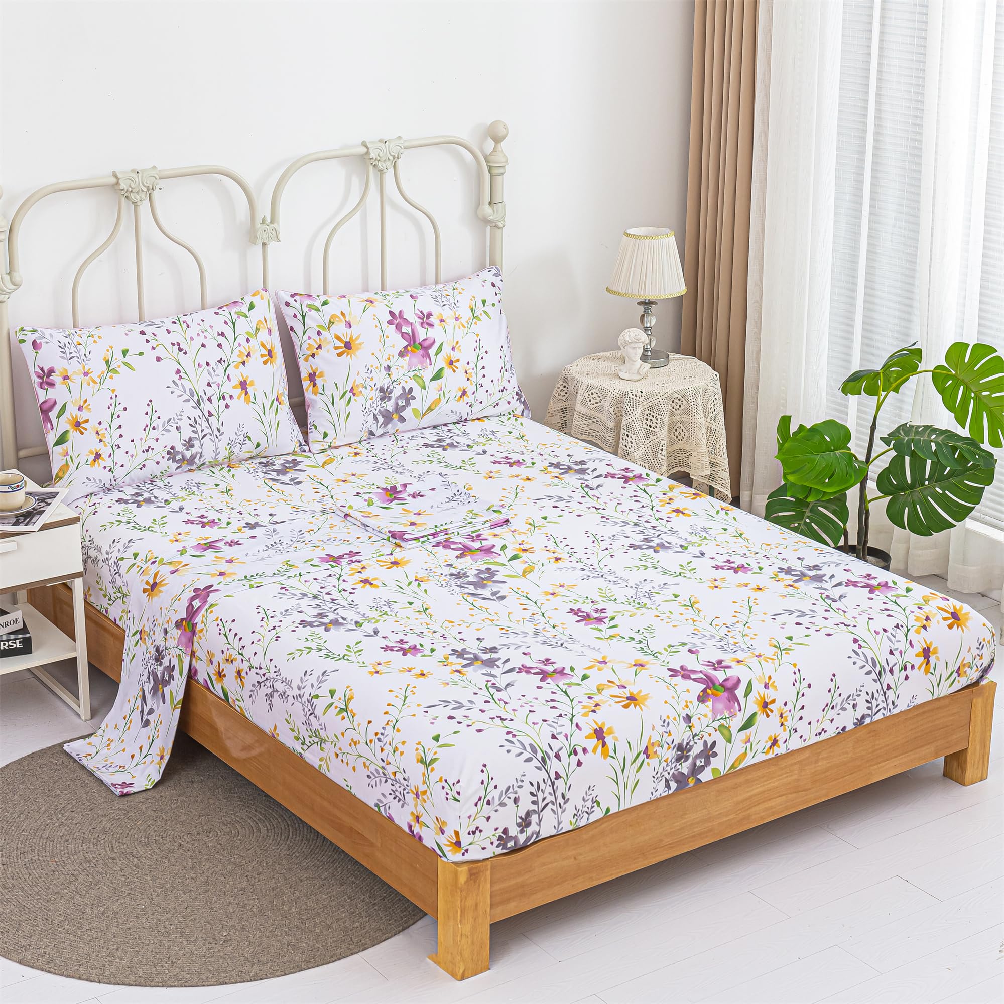 RYNGHIPY Cotton Floral Bed Sheet Set Full Size Botanical Flowers Print Girls Bedding Shabby Garden Floral Bed Sheets