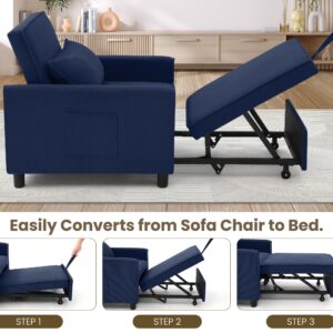 SEJOV Sleeper Chair, 4-in-1 Convertible Sleeper Sofa Bed with Adjustable Backrest, Corduroy Pull Out Chair Bed Single Recliner for Living Room, Bedroom, Apartment, Office, Small Space, Navy Blue