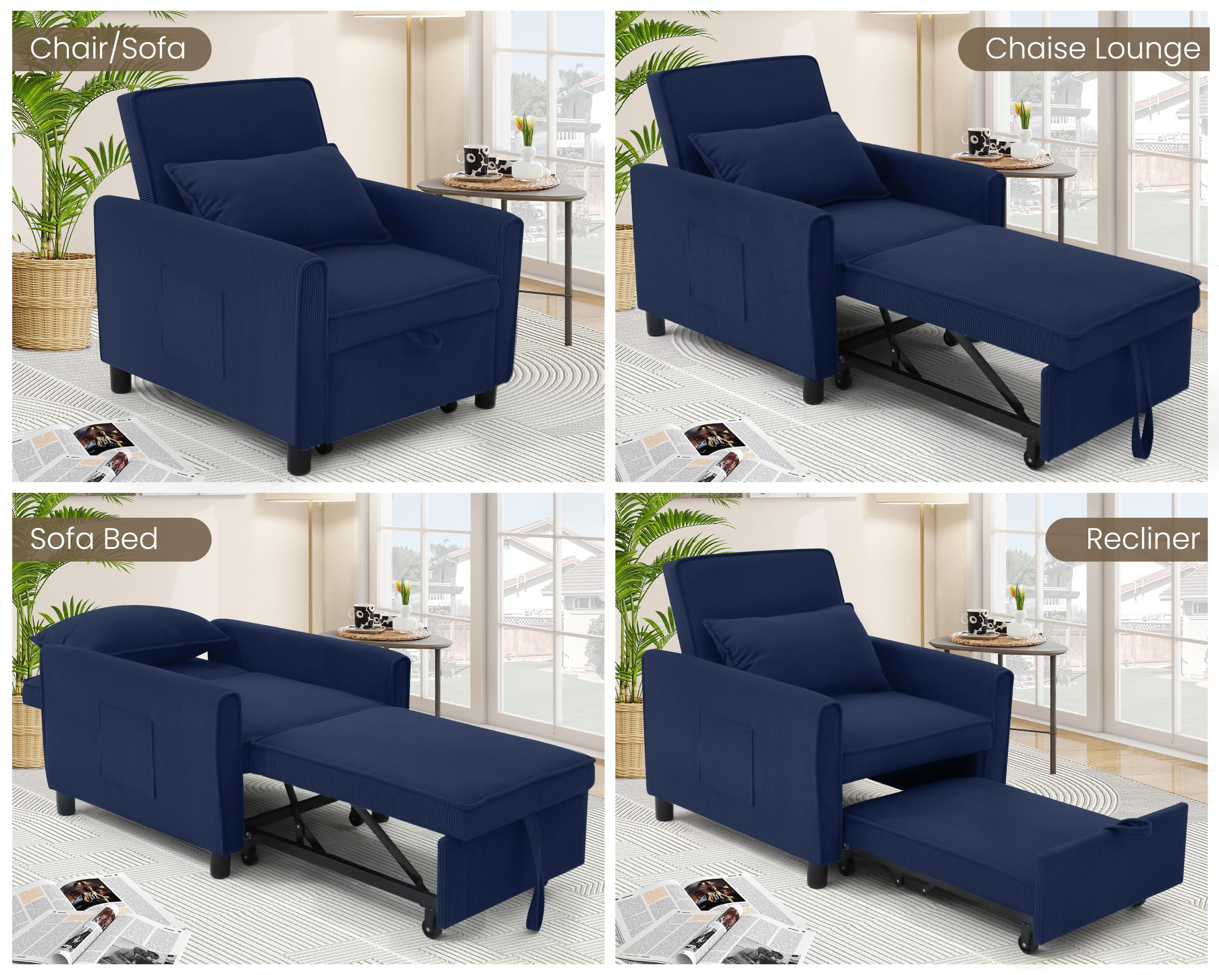 SEJOV Sleeper Chair, 4-in-1 Convertible Sleeper Sofa Bed with Adjustable Backrest, Corduroy Pull Out Chair Bed Single Recliner for Living Room, Bedroom, Apartment, Office, Small Space, Navy Blue